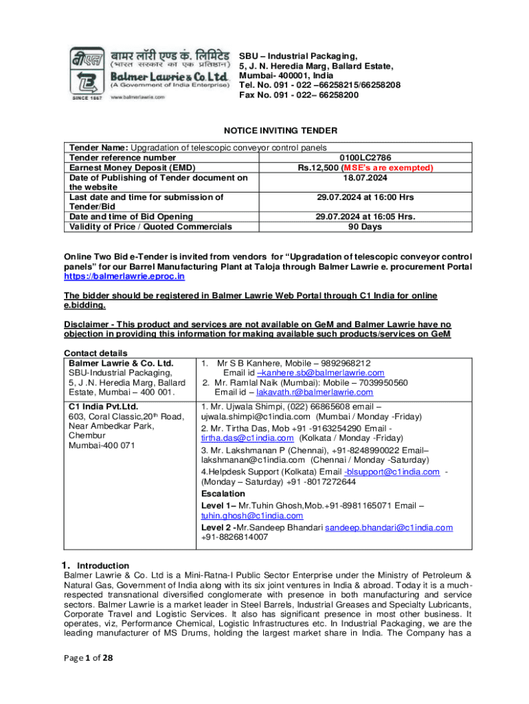 Fillable Online Tender Name: Upgradation of telescopic conveyor control ...
