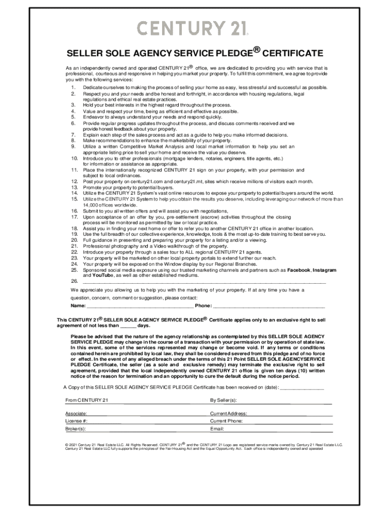 Fillable Online Century 21 Seller Sole Agency Service Pledge ...
