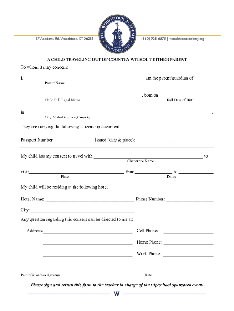 Fillable Online Consent for Child Traveling Out of Country Fax Email Print - pdfFiller