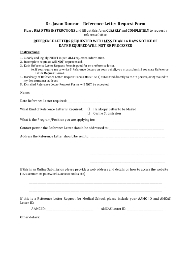 Fillable Online Dr. Jason Duncan - Reference Letter Request Form Fax Email Print - pdfFiller