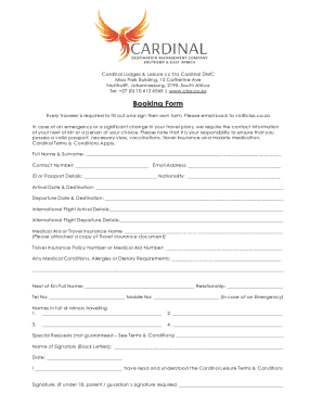 Fillable Online Cardinal Lodges & Leisure Booking Form Fax Email Print ...