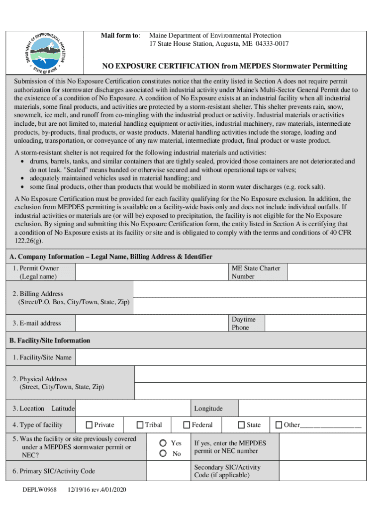 Fillable Online No Exposure Certification From Mepdes Stormwater Permitting Fax Email Print ...
