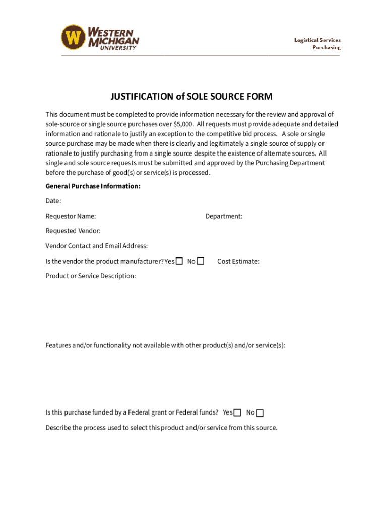 Fillable Online Justification of Sole Source Purchase Fax Email Print - pdfFiller