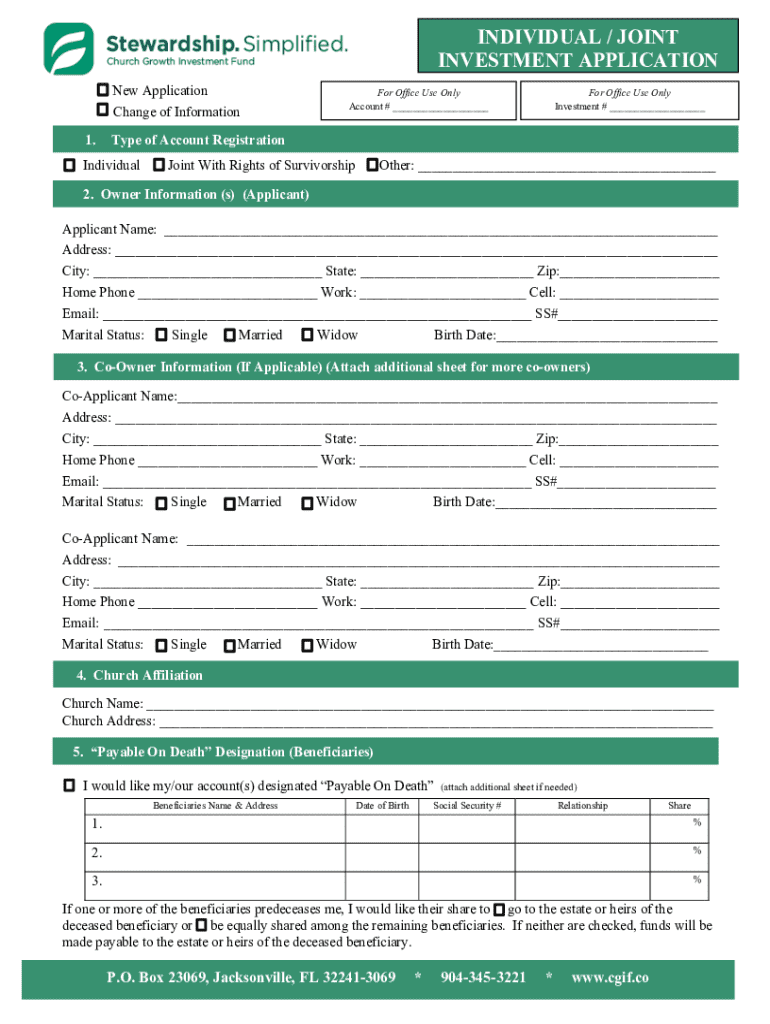 Fillable Online Individual / Joint Investment Application Fax Email ...