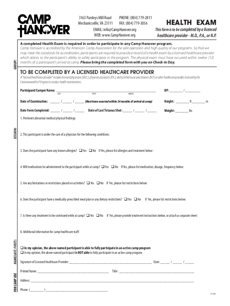 Fillable Online Health Exam for Camp Participation Fax Email Print ...