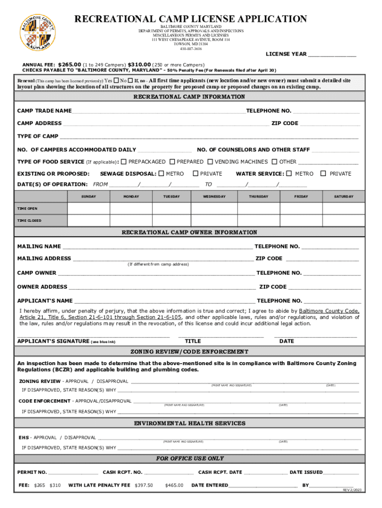 Fillable Online Recreational Camp License Application - Baltimore County, Maryland Fax Email ...