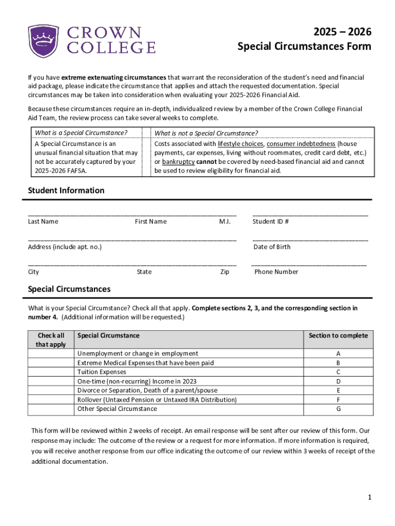 Fillable Online 2025 – 2026 Special Circumstances Form Fax Email Print - pdfFiller