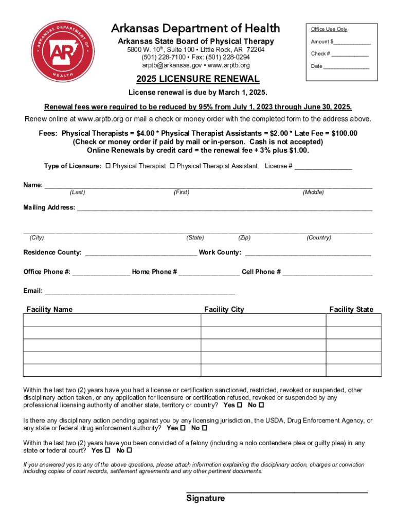 Fillable Online Arkansas State Board of Physical Therapy License ...