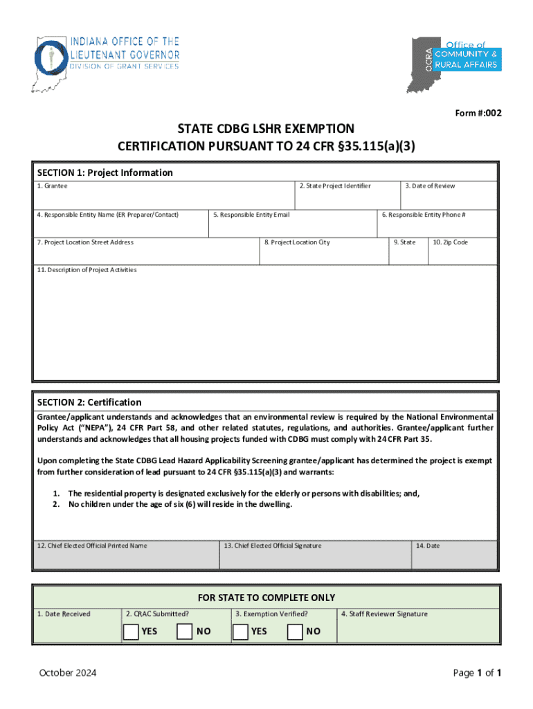 Fillable Online State Cdbg Lshr Exemption Certification Pursuant to 24 Cfr §35.115(a)(3) Fax ...
