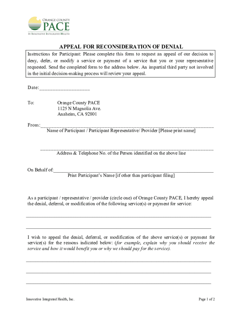 Fillable Online Appeal for Reconsideration of Denial Fax Email Print - pdfFiller