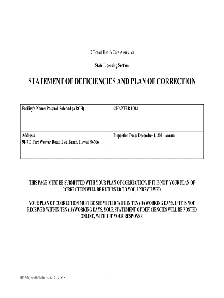 Fillable Online Statement of Deficiencies and Plan of Correction for ...