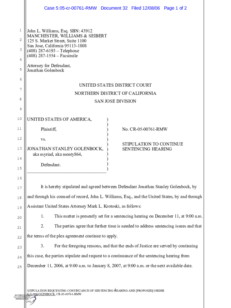 Fillable Online Stipulation Requesting Continuance of Sentencing ...