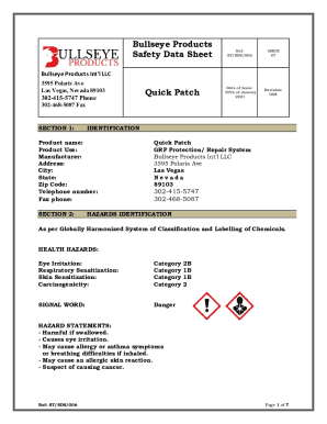 Fillable Online Bullseye Products Quick Patch Safety Data Sheet Fax ...