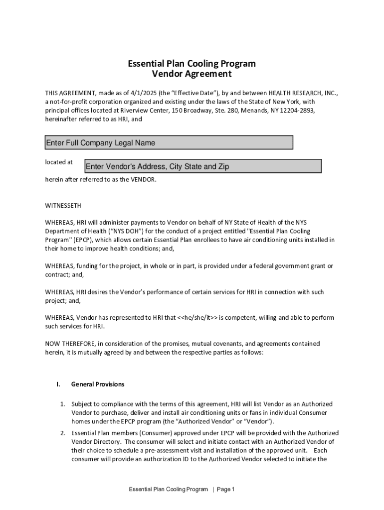 Fillable Online Essential Plan Cooling Program Vendor Agreement Fax Email Print - pdfFiller