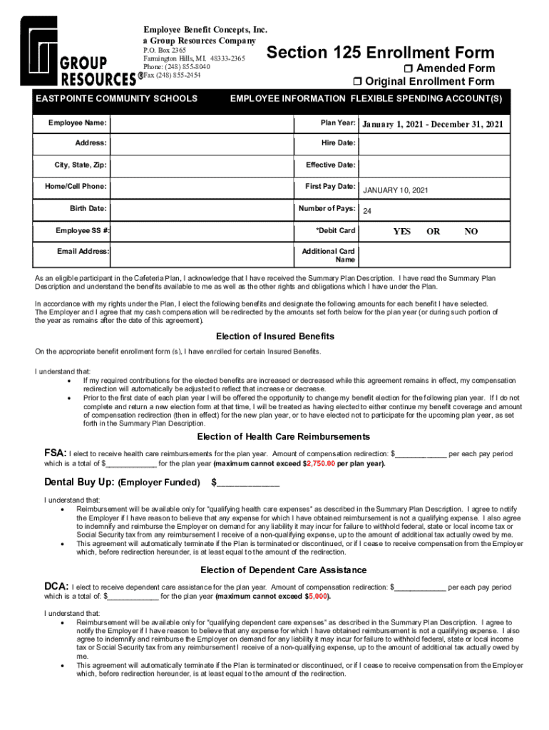Fillable Online Eastpointe Community Schools Section 125 Enrollment ...