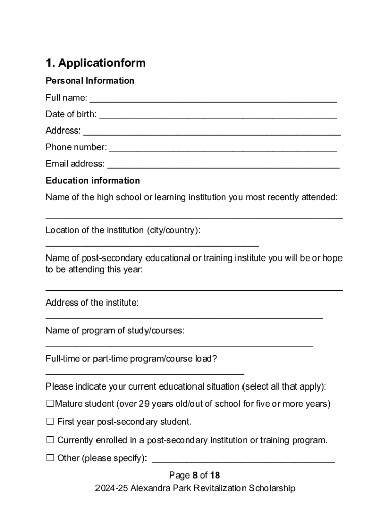 Fillable Online 2024-25 Alexandra Park Revitalization Scholarship Program Information Package ...