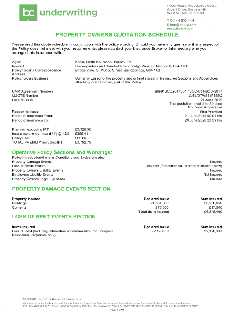 Fillable Online PROPERTY OWNERS QUOTATION SCHEDULE Fax Email Print ...