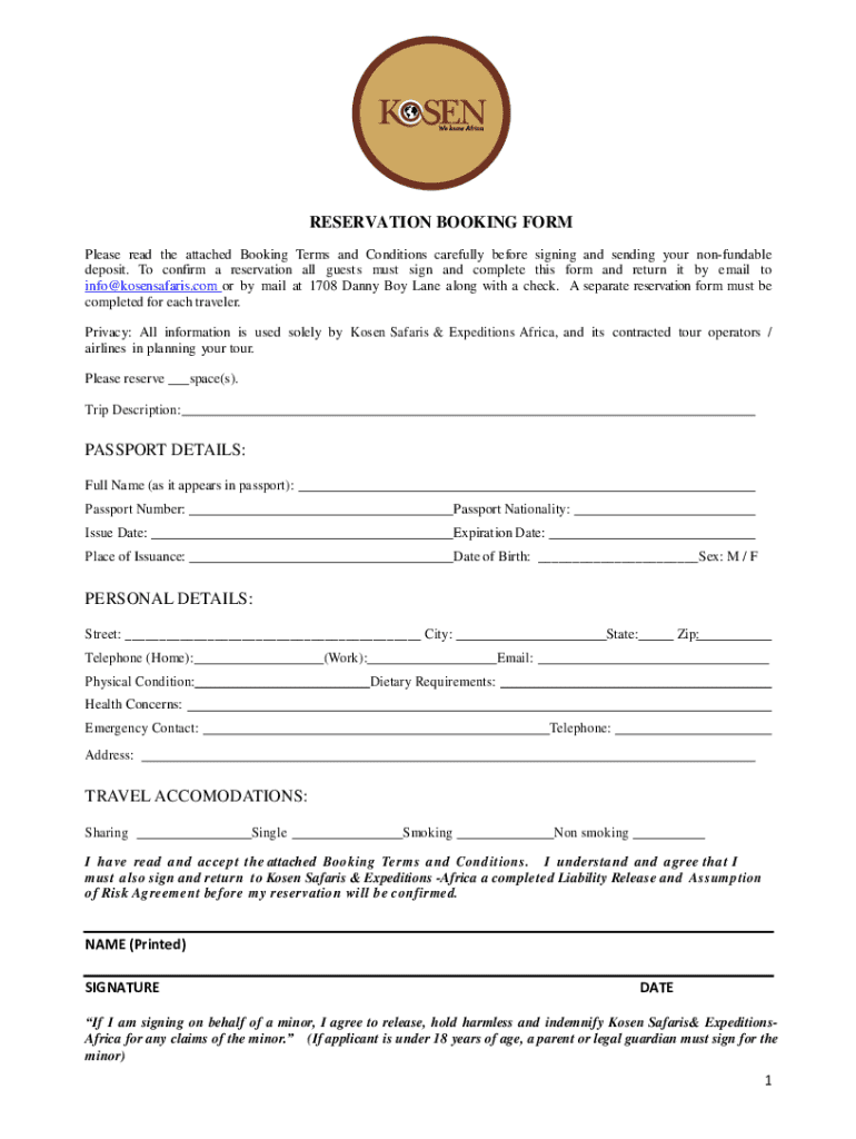Fillable Online Kosen Safaris & Expeditions Africa - Reservation ...