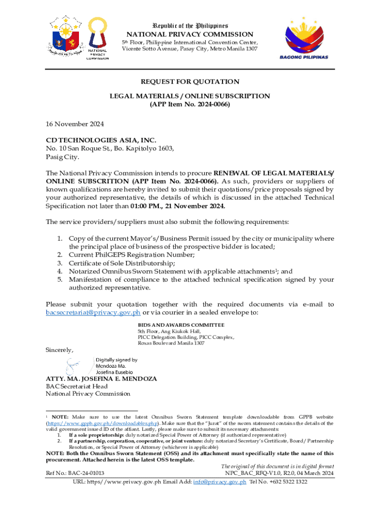 Fillable Online Request for Quotation Legal Materials / Online ...