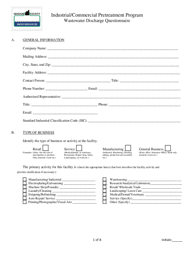 Fillable Online Industrial/commercial Pretreatment Program Fax Email ...