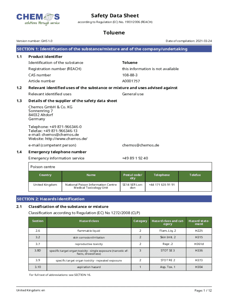 Fillable Online Safety Data Sheet for Toluene Fax Email Print - pdfFiller
