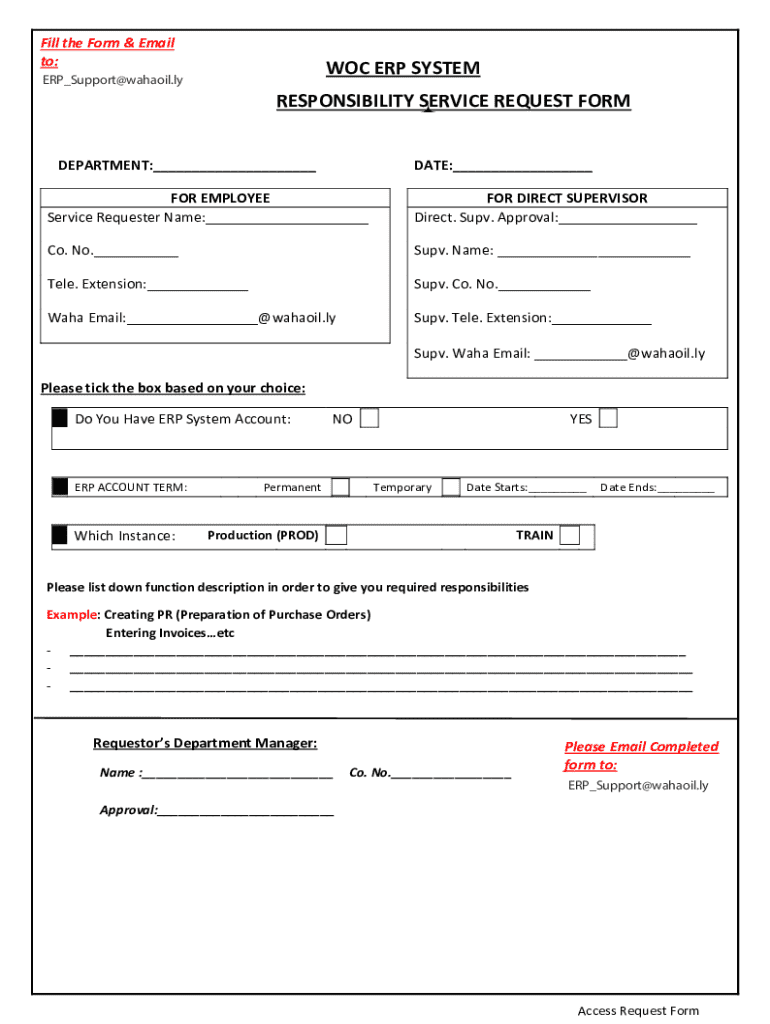 Fillable Online WOC ERP SYSTEM RESPONSIBILITY SERVICE REQUEST FORM Fax Email Print - pdfFiller