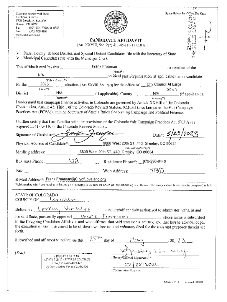 Fillable Online Candidate Affidavit for Colorado Elections Fax Email ...