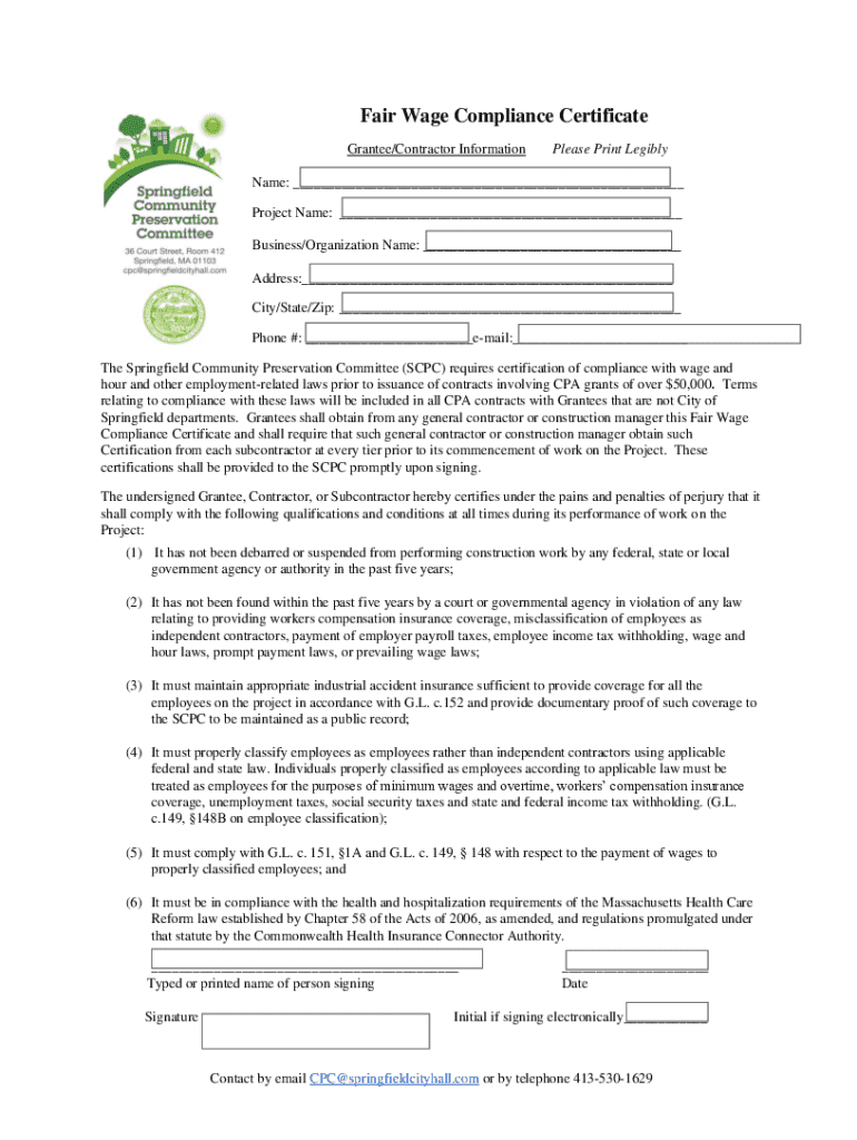 Fillable Online Fair Wage Compliance Certificate Fax Email Print ...
