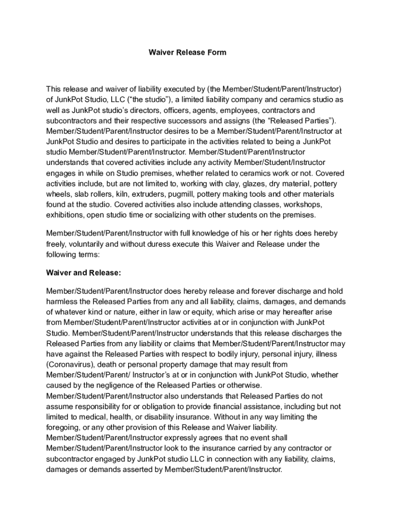 Fillable Online Waiver Release Form for Junkpot Studio Fax Email Print ...