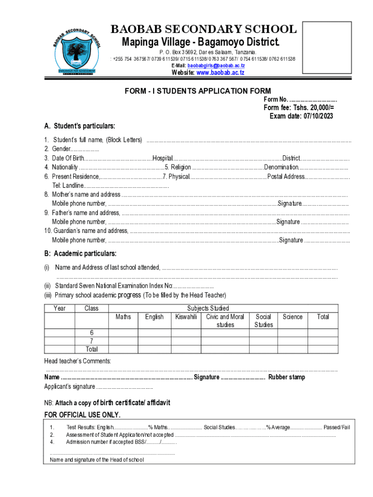 Fillable Online Baobab Secondary School Students Application Form Fax Email Print - pdfFiller