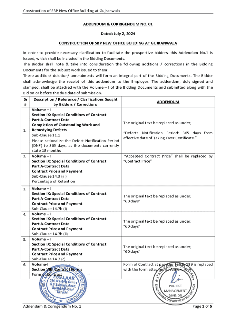 Fillable Online Construction of SBP New Office Building at Gujranwala ...