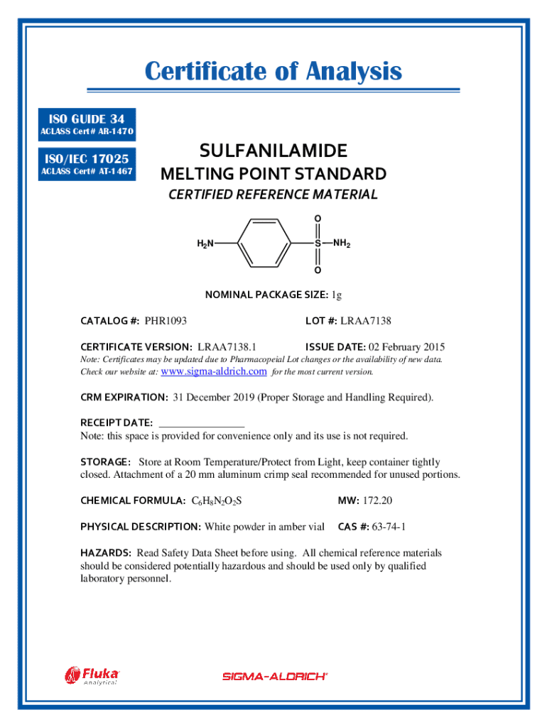 Fillable Online Certificate of Analysis for Sulfanilamide Melting Point Standard Fax Email Print ...