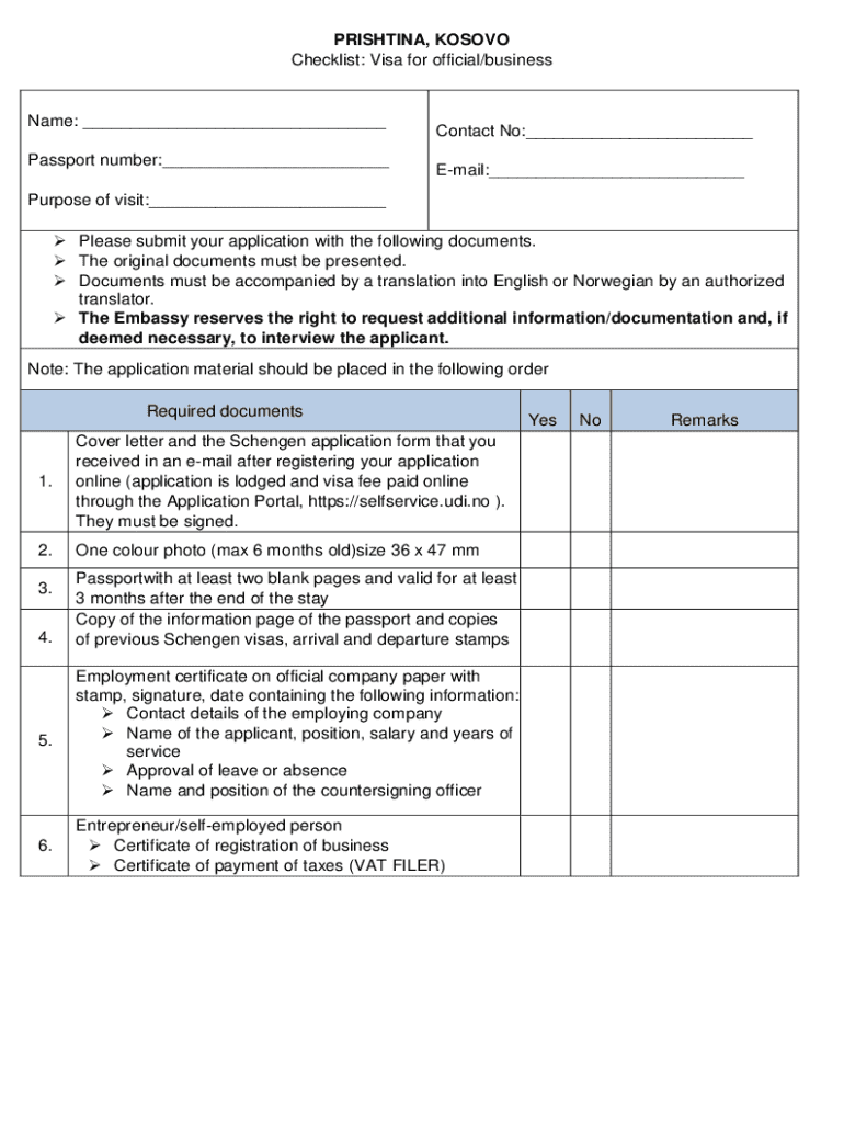 Fillable Online Checklist: Visa for Official/business Fax Email Print ...