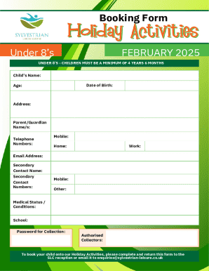 Fillable Online Under 8’s Holiday Activities Booking Form Fax Email ...