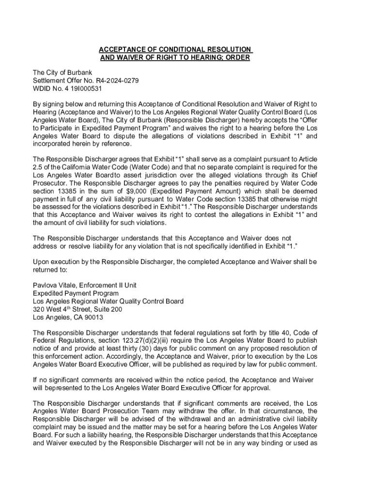 Fillable Online Acceptance of Conditional Resolution and Waiver of ...