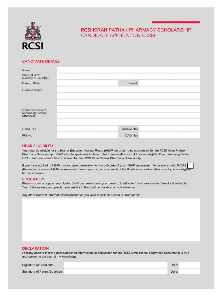Fillable Online Rcsi Kiran Pathak Pharmacy Scholarship Application Fax Email Print - pdfFiller