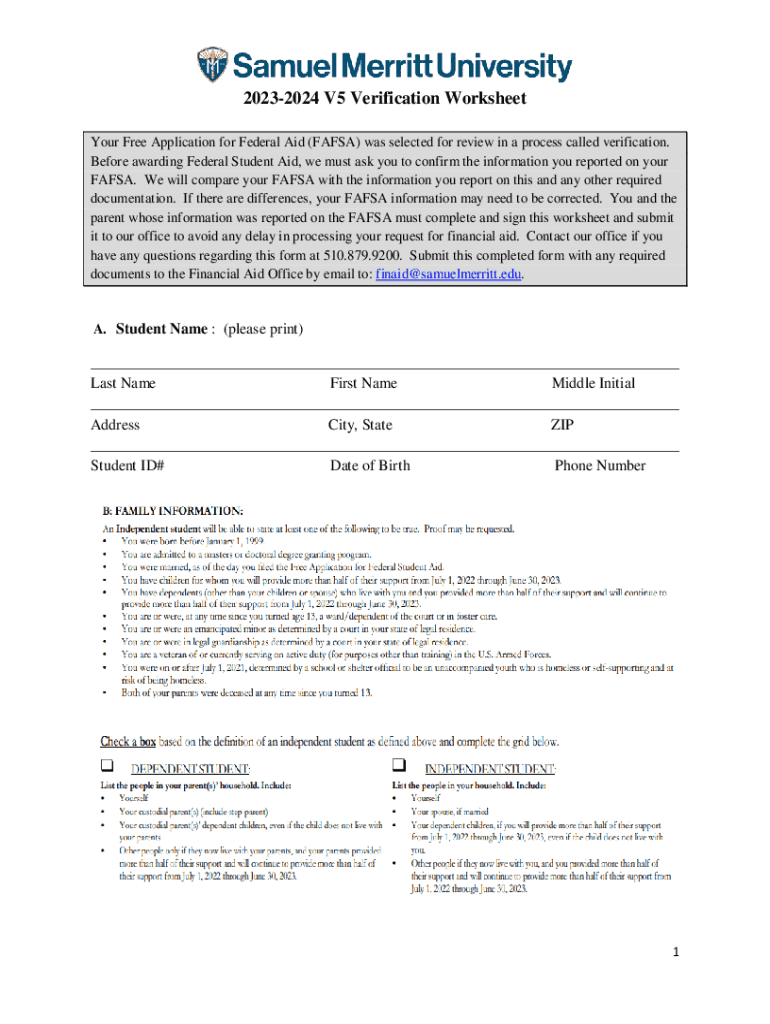 Fillable Online 2023-2024 V5 Verification Worksheet Fax Email Print - pdfFiller