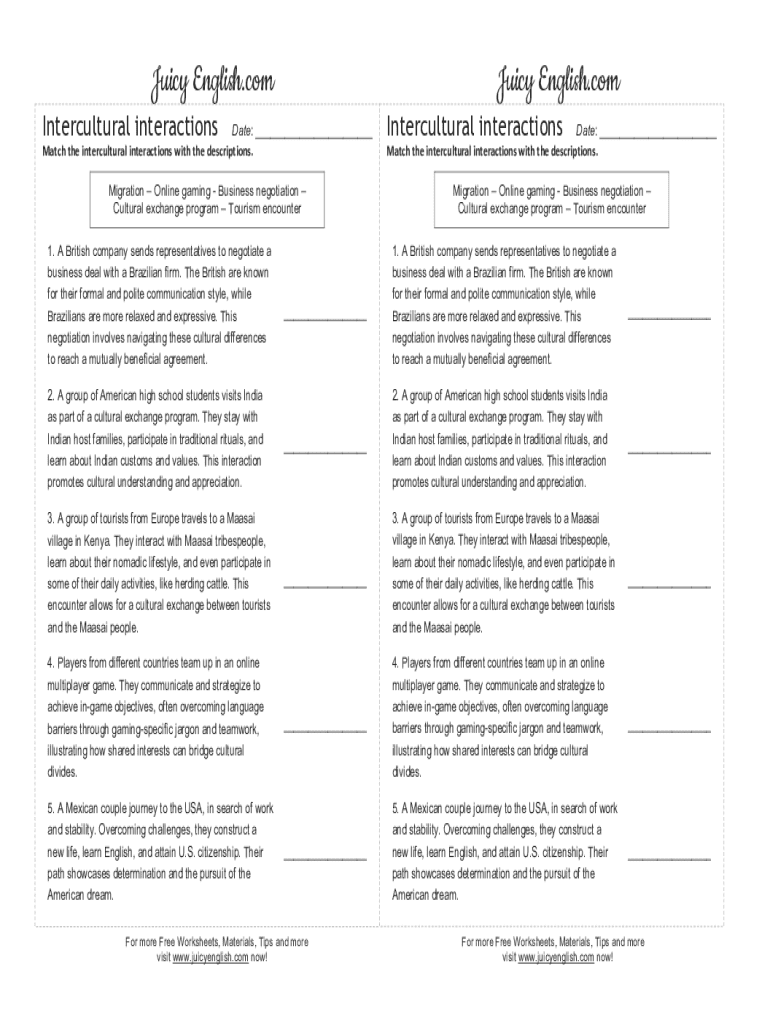 Fillable Online Intercultural Interactions Matching Exercise Fax Email Print - pdfFiller