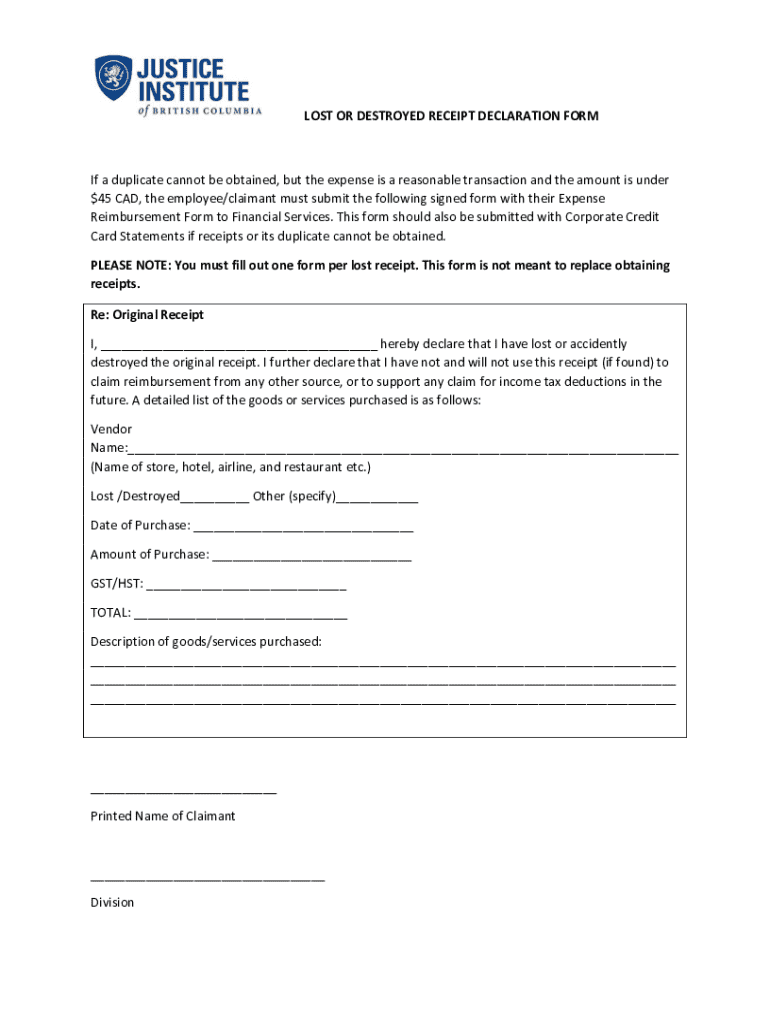 Fillable Online Lost or Destroyed Receipt Declaration Form Fax Email ...