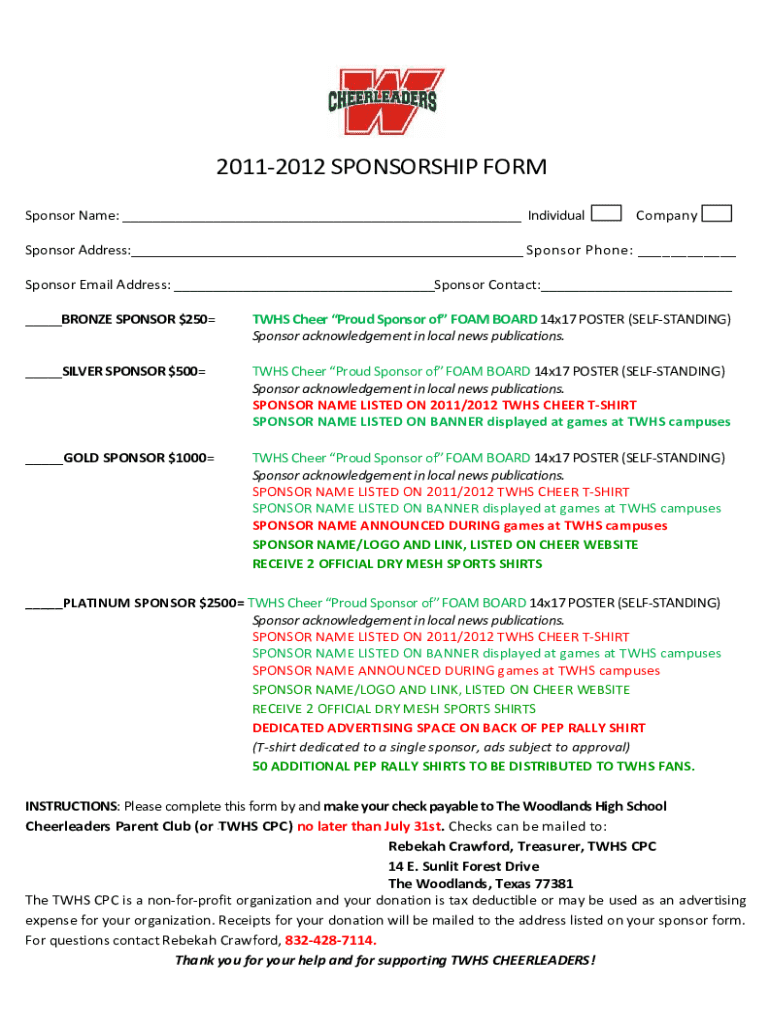Fillable Online 2011-2012 Twhs Cheer Sponsorship Fax Email Print ...