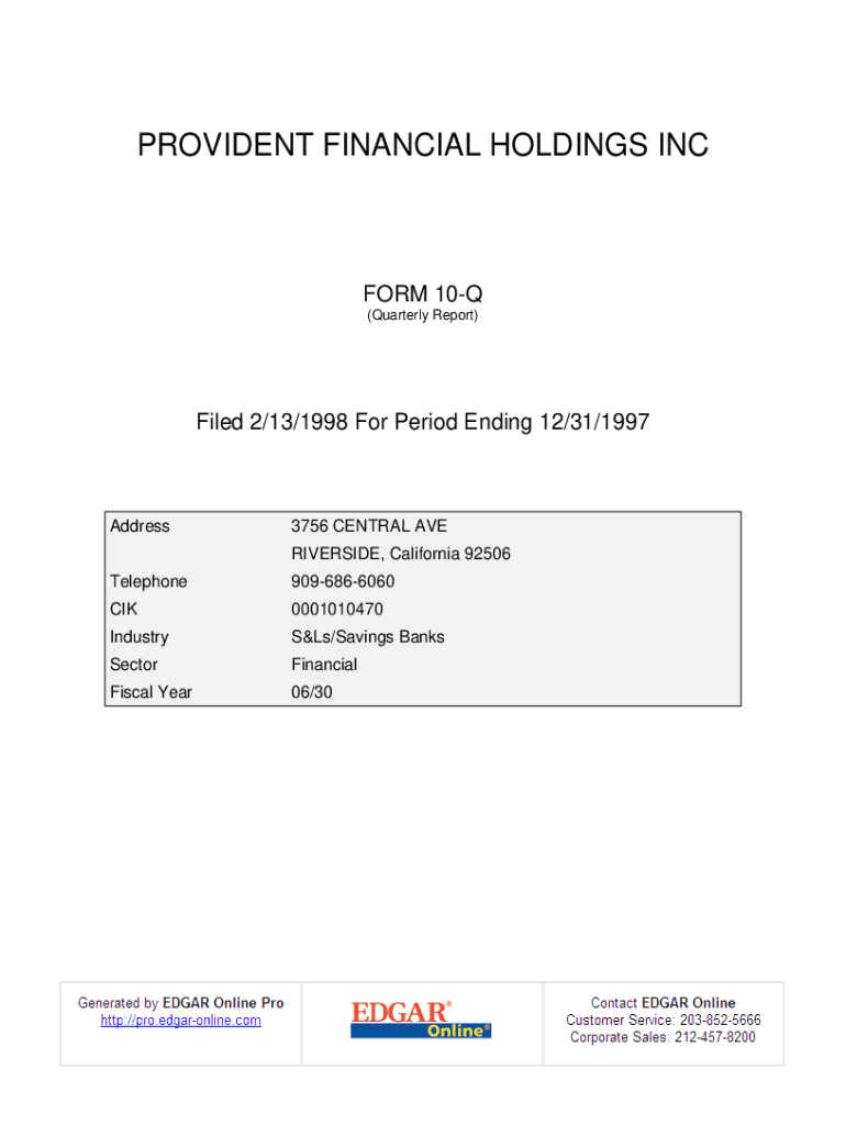 Fillable Online Quarterly Report of Provident Financial Holdings Inc ...