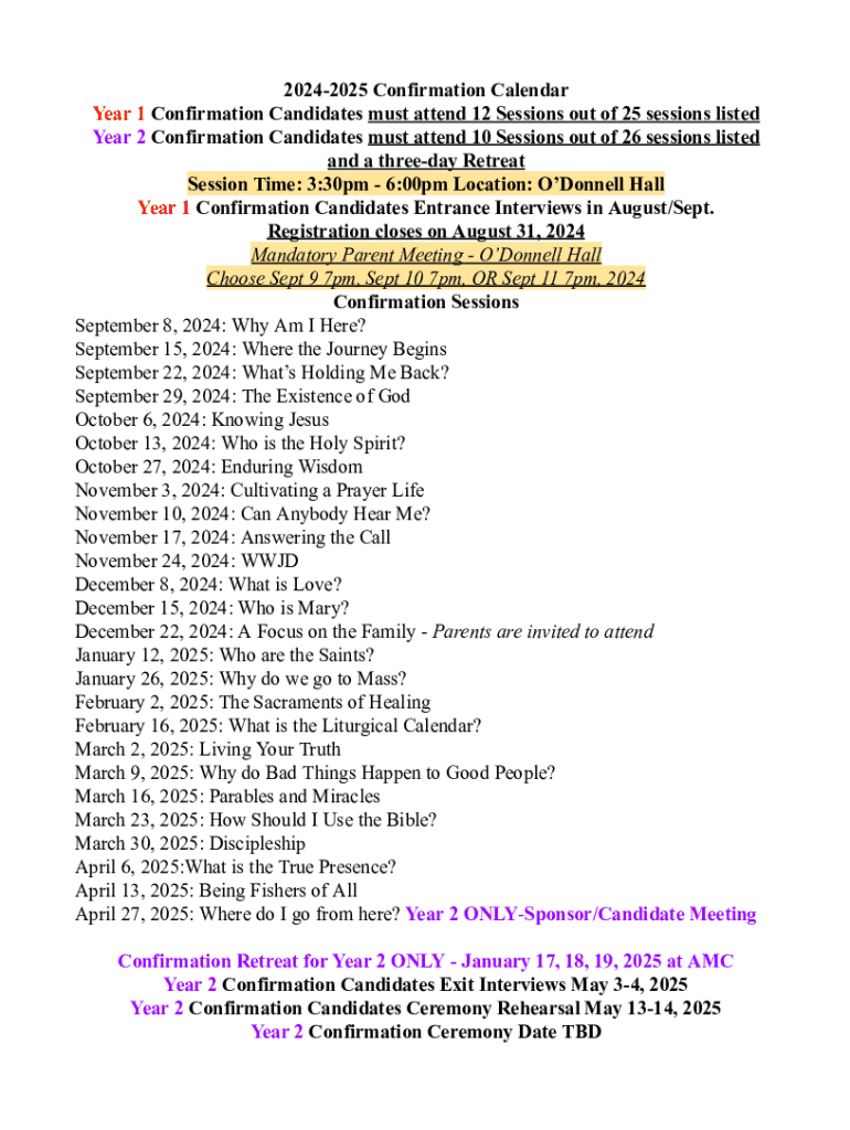 Fillable Online 2024-2025 Confirmation Calendar Fax Email Print - pdfFiller