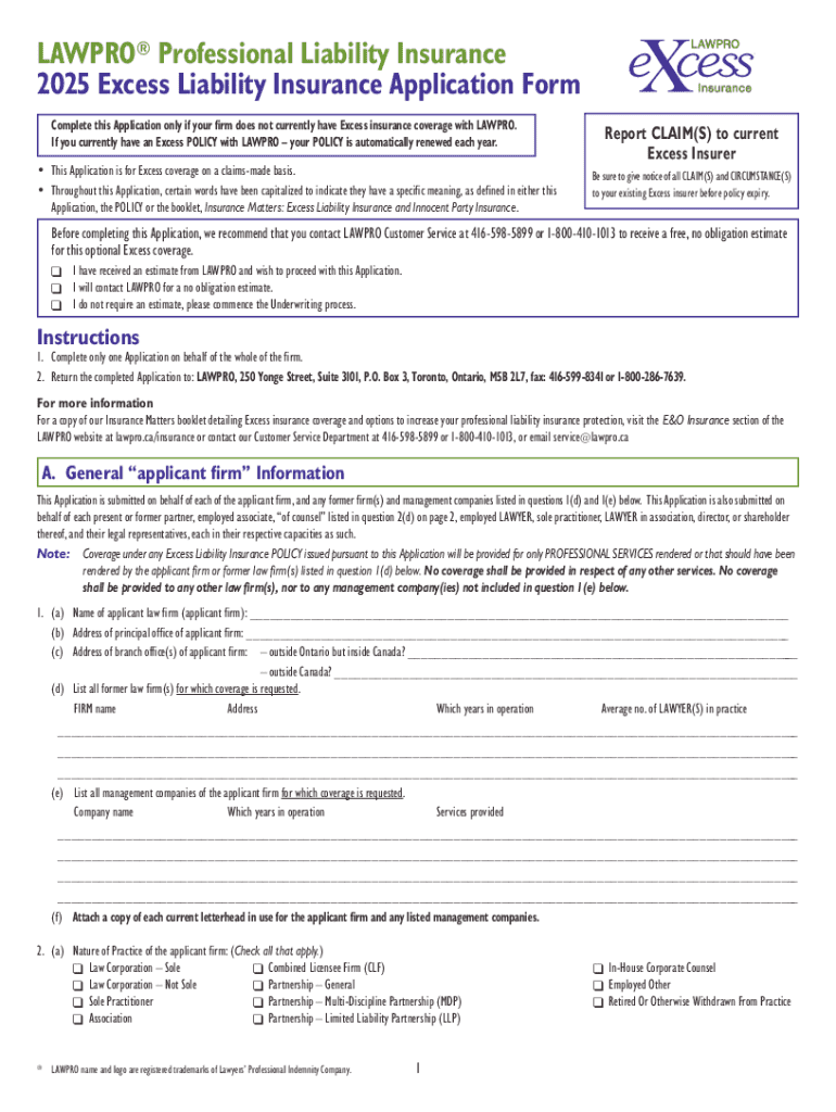 Fillable Online Lawpro® Professional Liability Insurance Fax Email ...