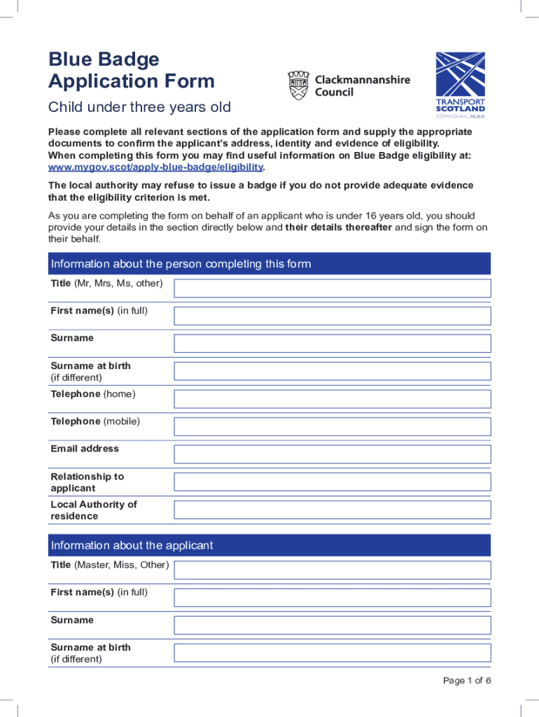 Fillable Online Blue Badge Application Form for Child Under Three Years Old Fax Email Print ...