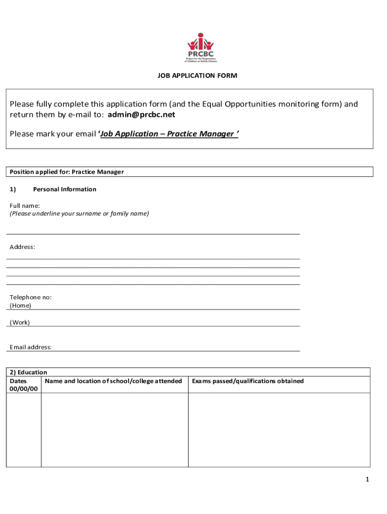 Fillable Online Job Application – Practice Manager Fax Email Print ...