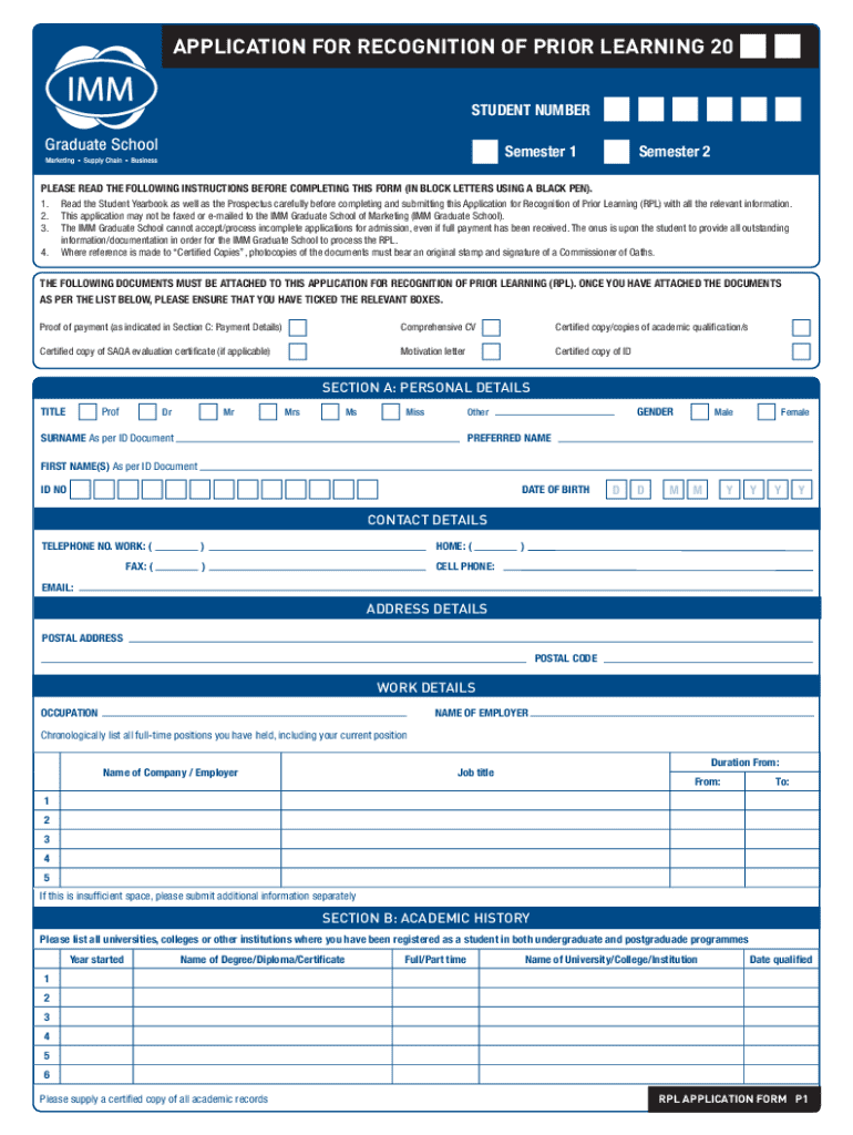 Fillable Online Application for Recognition of Prior Learning (rpl) Fax Email Print - pdfFiller