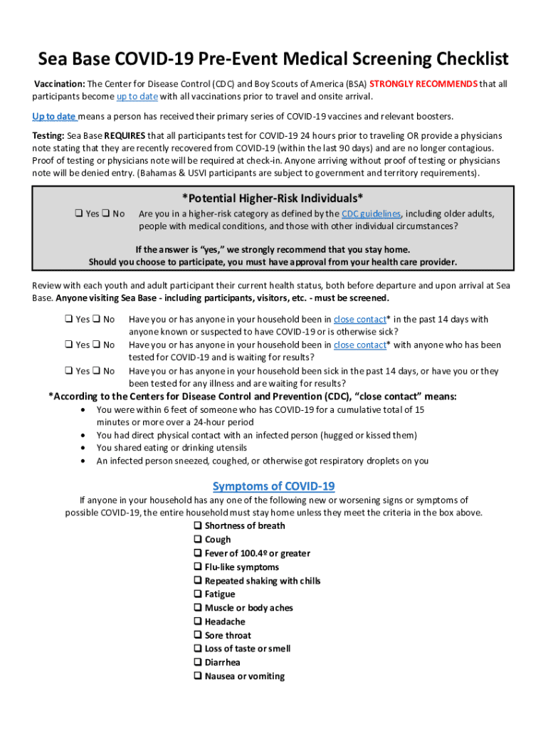 Fillable Online Sea Base Covid-19 Pre-event Medical Screening Checklist ...