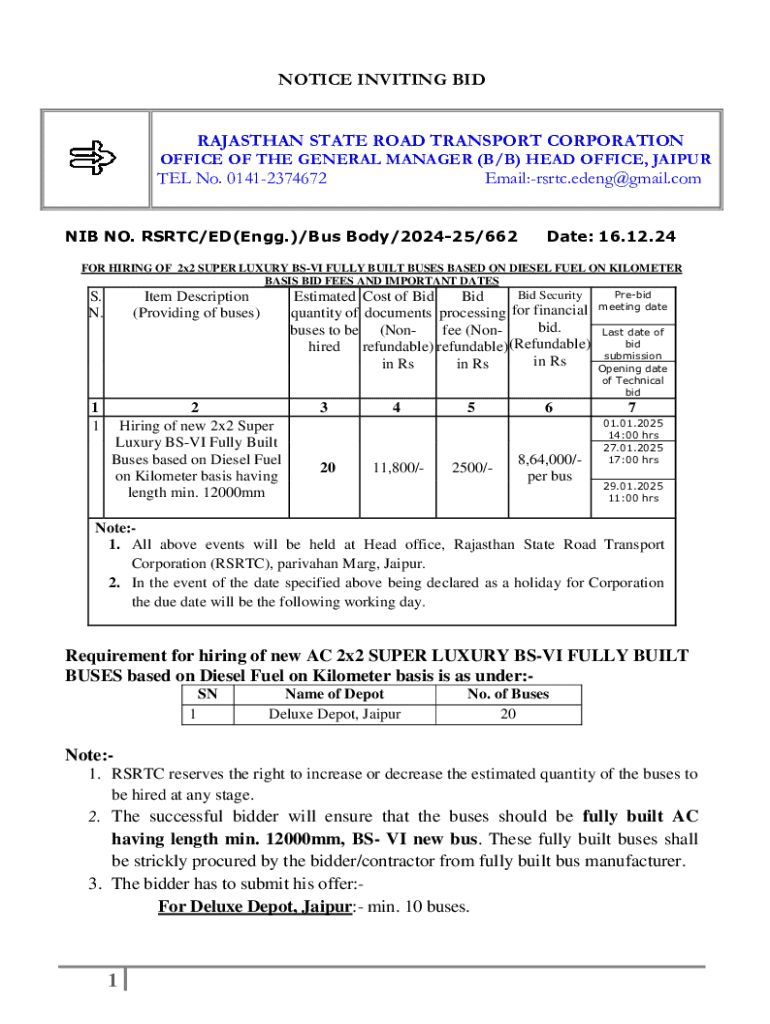Fillable Online Notice Inviting Bid - Rsrtc Fax Email Print - pdfFiller