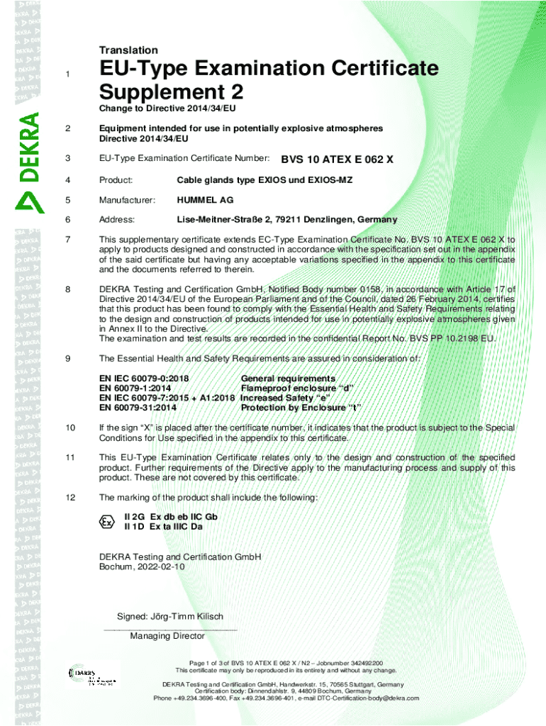 Fillable Online Eu-type Examination Certificate Supplement 2 Fax Email Print - pdfFiller