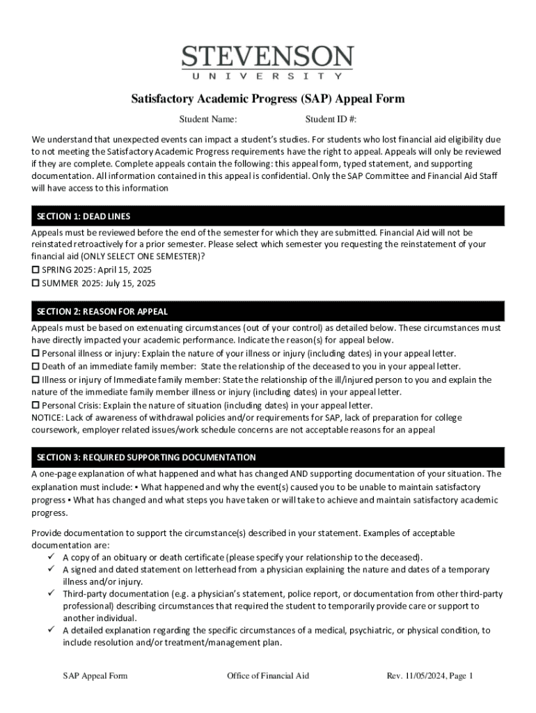 Fillable Online Satisfactory Academic Progress (sap) Appeal Form Fax ...